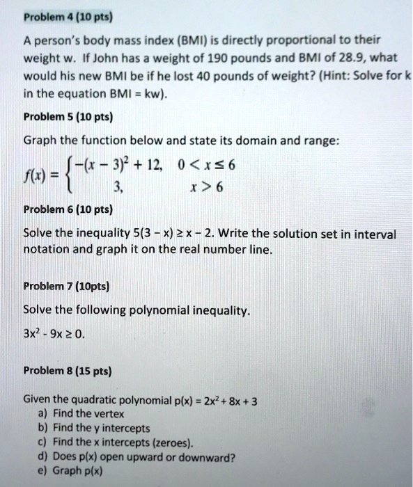 SOLVED: Problem 4 (10 pts) A person'body mass index (BMI) is directly proportional to their ...