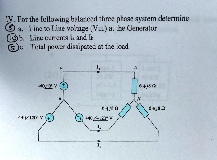 IV. For the following balanced three phase system determine a. Line to Line voltage (VLL) at the ...