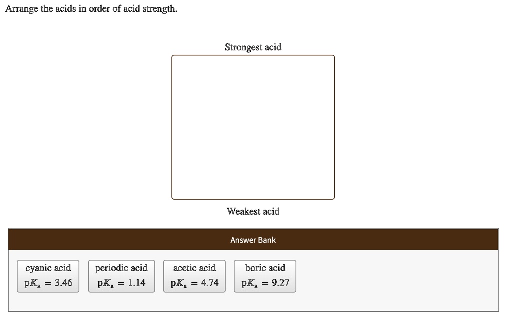 SOLVED: Arrange the acids in order of acid strength Strongest acid ...