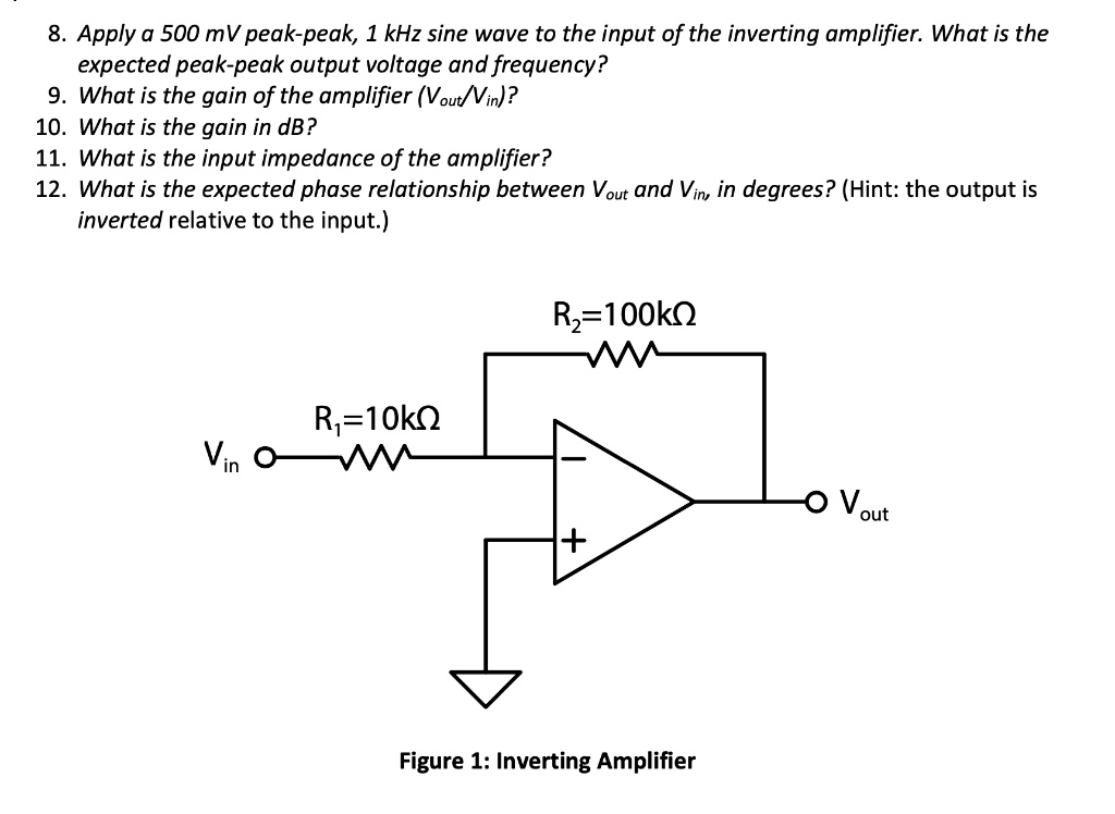 SOLVED: Just 10, thanks. 8. Apply a 500 mV peak-to-peak, 1 kHz sine wave to the input of the ...