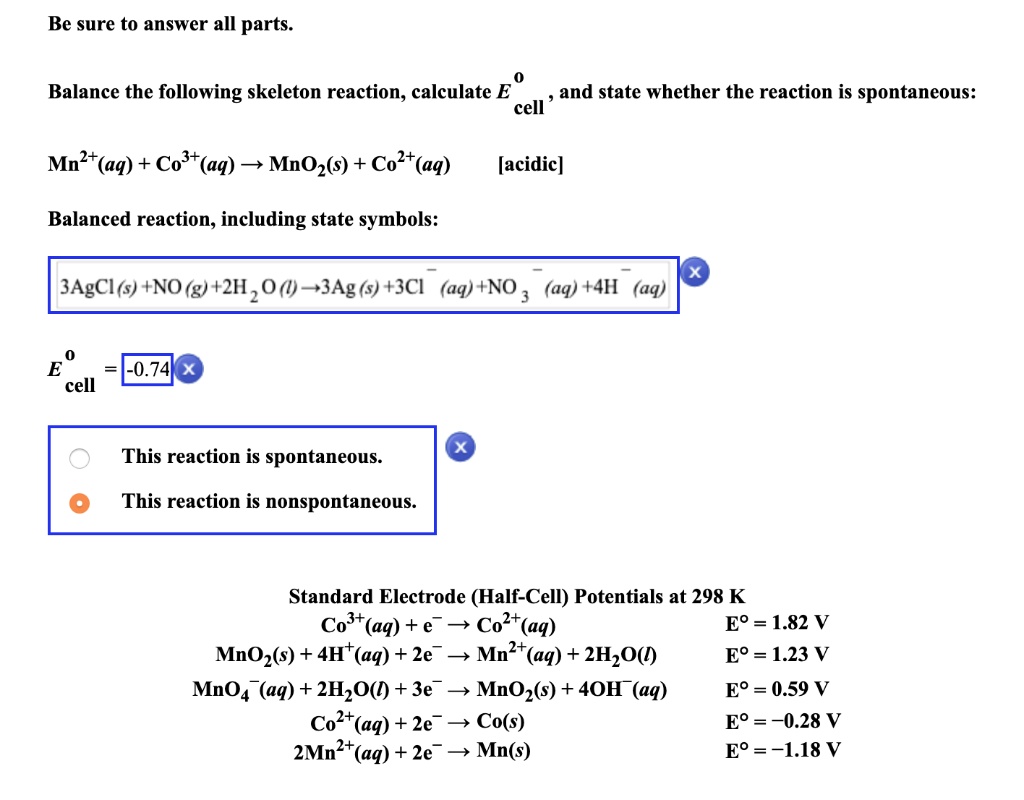Solved Balance The Following Skeleton Reaction Calculate E And State