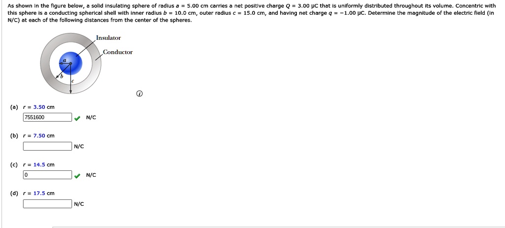 SOLVED: As shown the figure below solid insulating sphere of radius .00 cm carries net positive ...