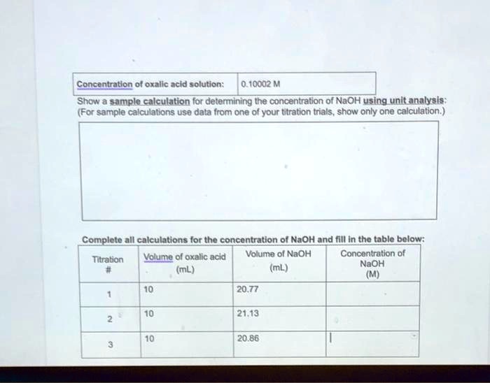 SOLVED: Concentration of oxalic acid solution: 10002 M Show sample calculation for determining ...