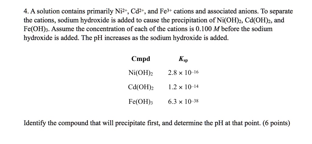 SOLVED: 4.A solution contains primarily Ni2+, Cd2+, and Fe3+ cations ...