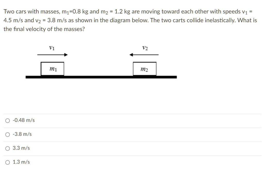 SOLVED: Two cars with masses, m1-0.8 kg and m2 1.2 kg are moving toward each other with speeds ...