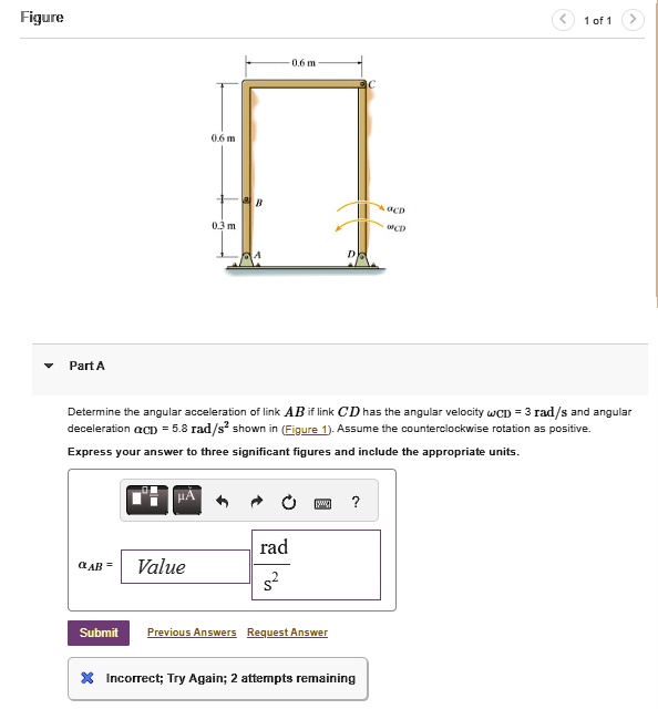 Figure Part A 0 6 M 0 6 M C 0 3 M D αcd ωcd Determine The Angular Acceleration Of Link Ab If