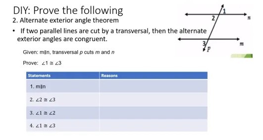 SOLVED: DIY: Prove the following 2. Alternate exterior angle theorem - If two parallel lines are ...
