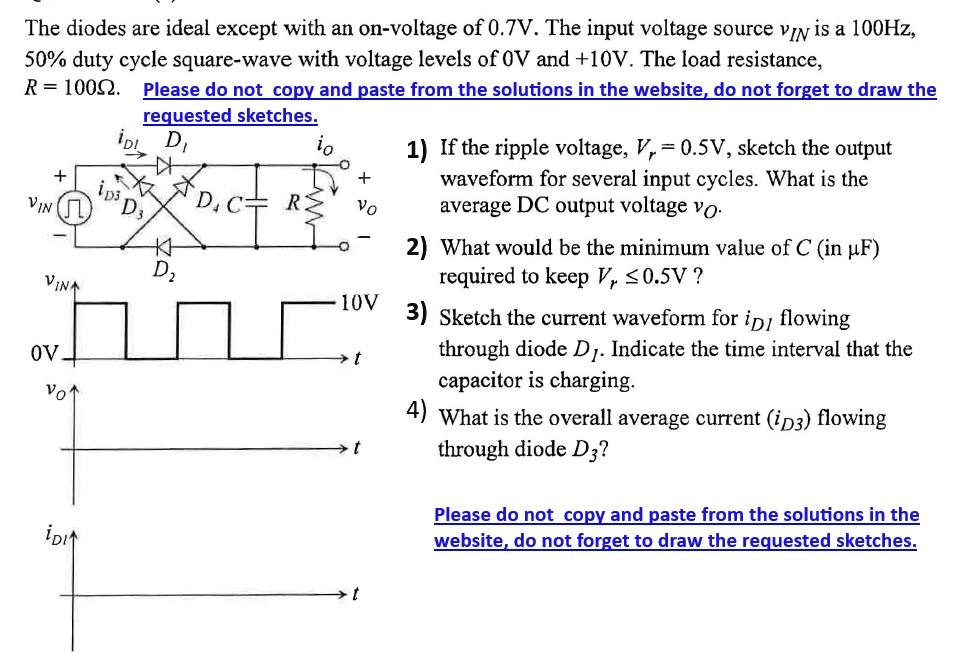 The diodes are ideal except with an on-voltage of 0.7V. The input voltage source vIN is a 100Hz ...