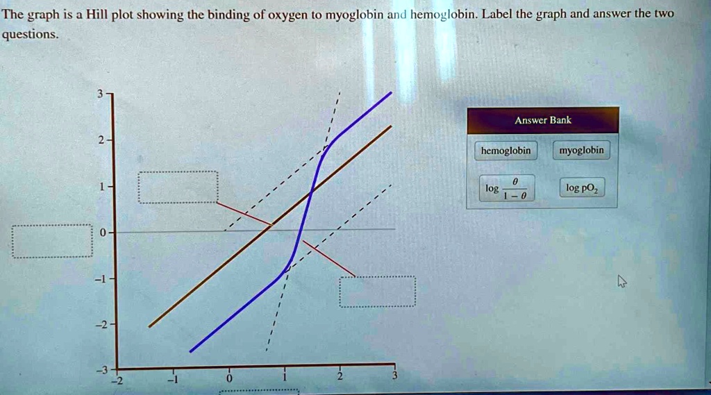 The graph is a Hill plot showing the binding of oxygen to myoglobin and hemoglobin. Label the ...