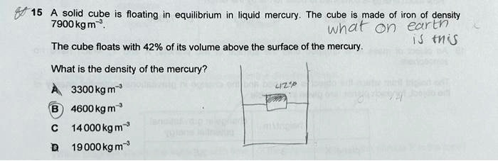 15 A solid cube is floating in equilibrium in liquid mercury. The cube ...