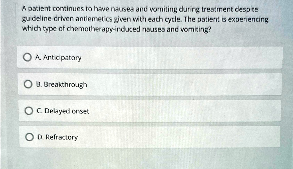 a patient continues to have nausea and vomiting during treatment ...