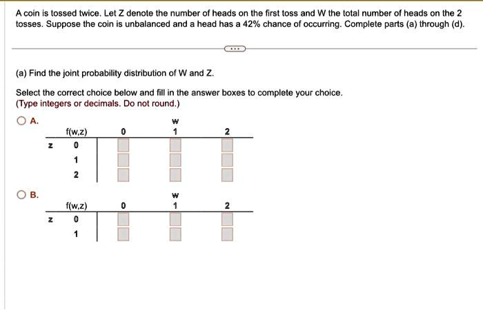SOLVED: A coin is tossed twice,Let Z denote the number of heads on the first toss and W the ...