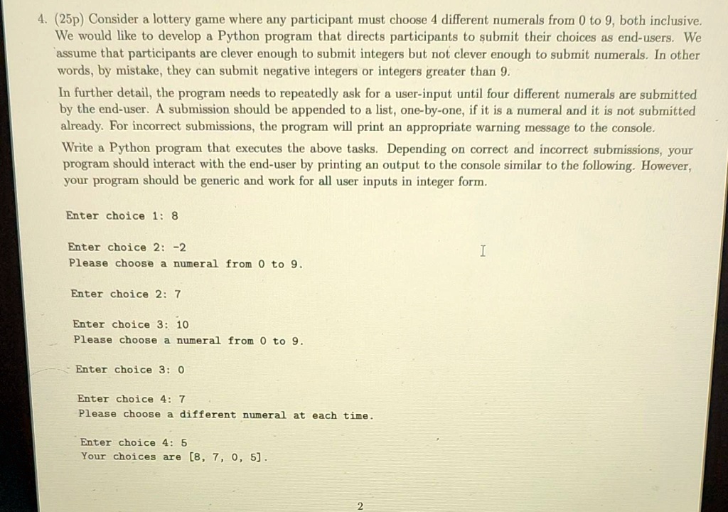 SOLVED: 4.25p Consider a lottery game where any participant must choose ...