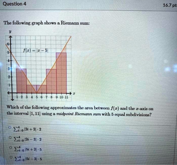 The following graph shows a Riemann sum: Which of the following ...
