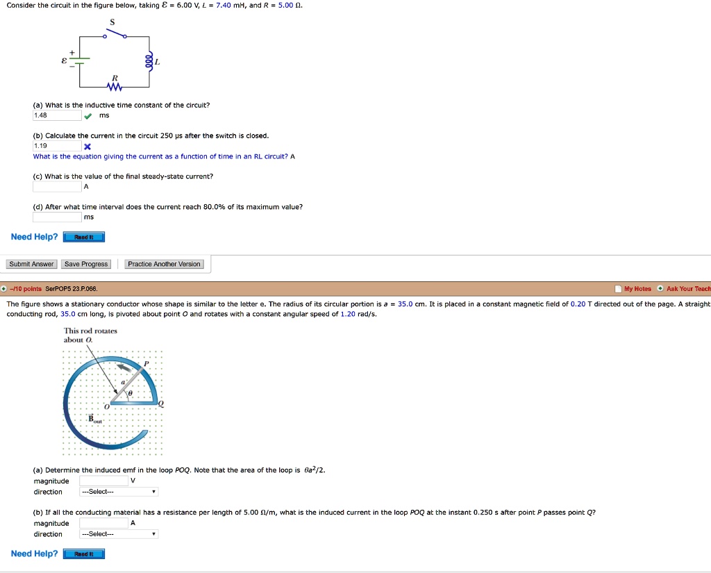 SOLVED: Consider the circuit in the figure below, taking V = 6.00 V, L = 7.40 mH, and R = 5.00 Î ...