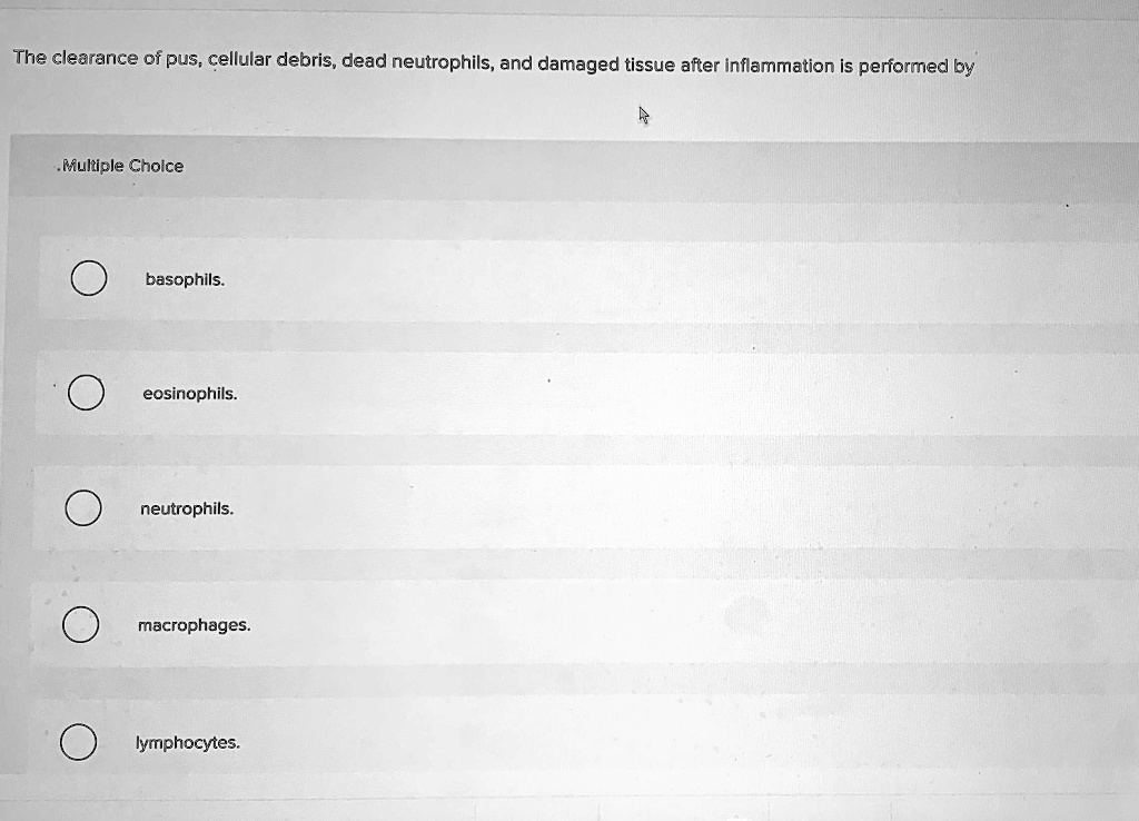 The clearance of pus, cellular debris, dead neutrophils, and damaged ...