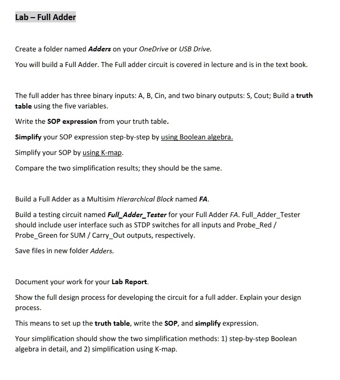 Lab - Full Adder Create a folder named Adders on your OneDrive or USB ...