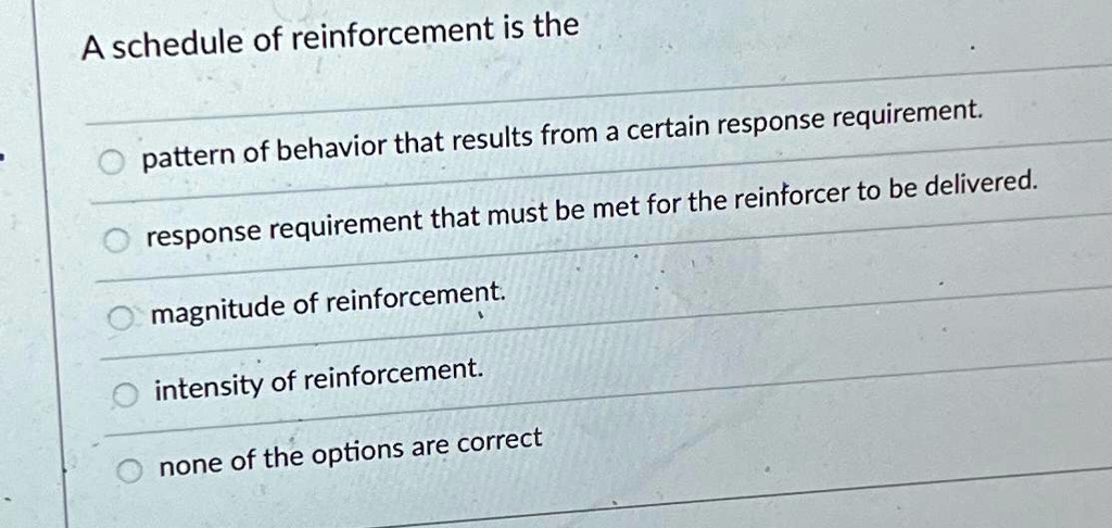 SOLVED: A schedule of reinforcement is the pattern of behavior that results from a certain ...