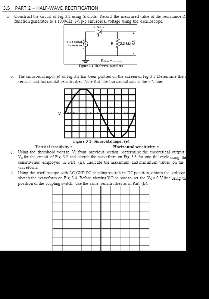3.5 PART 2 - HALF-WAVE RECTIFICATION a. Construct the circuit of Fig. 3.2 using Si diode. Record ...