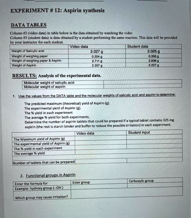 SOLVED: EXPERIMENT #12: Aspirin Synthesis DATA TABLES Column #2 (video data) in the table below ...