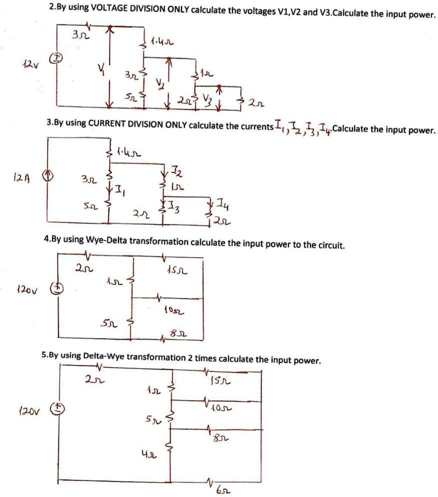 2.By using VOLTAGE DIVISION ONLY calculate the voltages V1,V2 and V3.Calculate the input power ...
