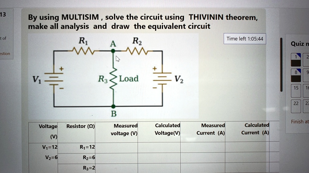 13 By using MULTISIM, solve the circuit using THIVININ theorem, make all analysis and draw the ...