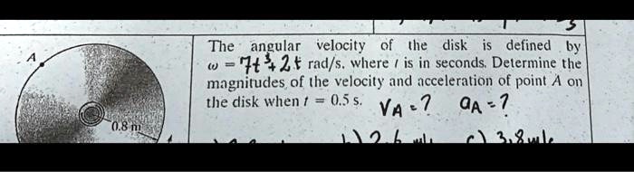 The angular velocity of the disk is defined by ω = 7t^3 + 2t rad/s, where t is in seconds ...