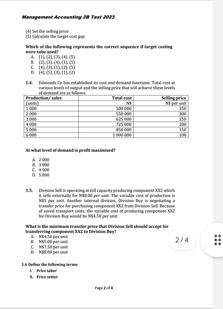 management accounting 2b test 2023 4set the selling price 5 calculate ...