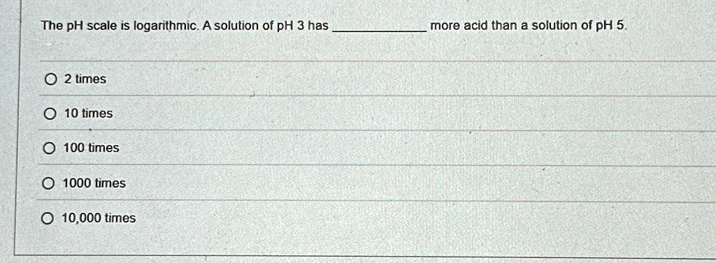 the ph scale is logarithmic a solution of ph 3 has more acid than a solution of ph 5 2 times 10 ...