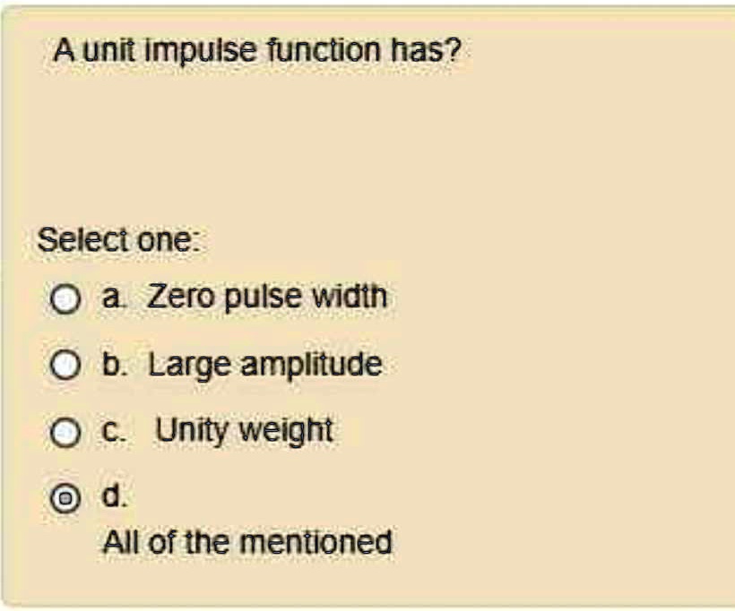 Solved A Unit Impulse Function Has Select One A Zero Pulse Width B