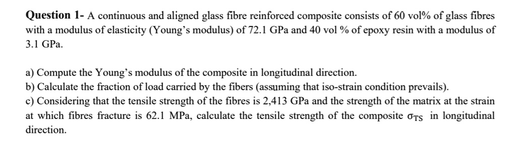 SOLVED: A continuous and aligned glass fiber reinforced composite consists of 60 vol% of glass ...