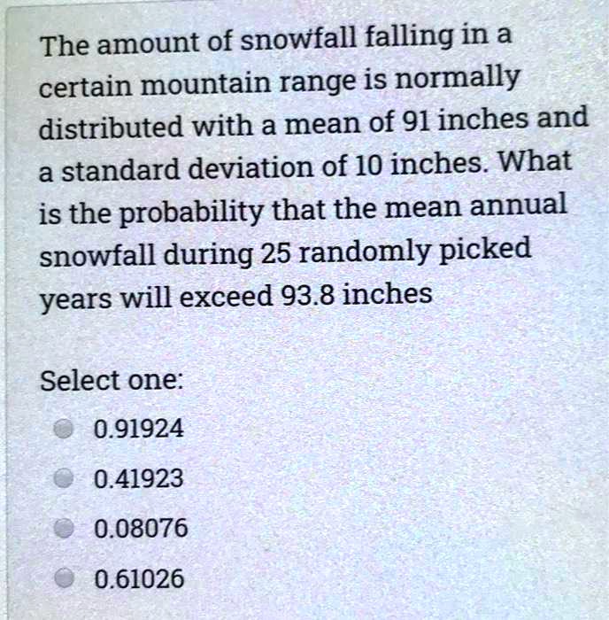 SOLVED: The amount of snowfall falling in a certain mountain range is ...