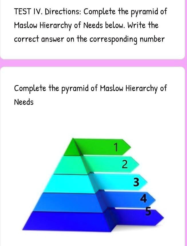 SOLVED: TEST IV. Directions: Complete the pyramid of Maslow's Hierarchy ...