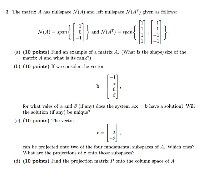 SOLVED: The matrix A has nullspace N (A) and left nullspace N(AT) given ...