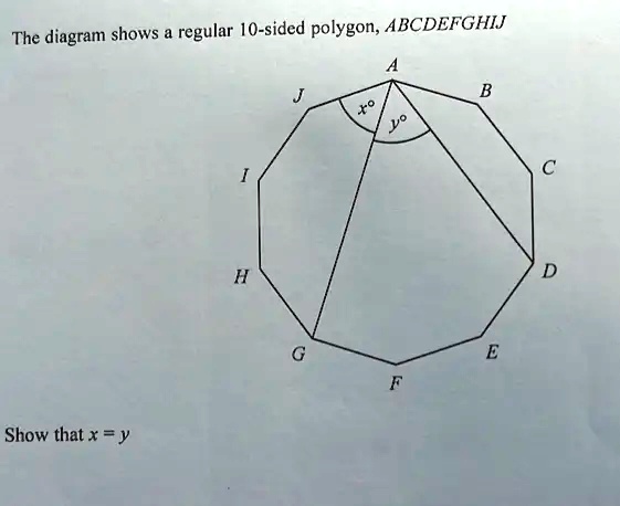 The diagram shows a regular 10-sided polygon, ABCDEFGHIJ Show that x = y