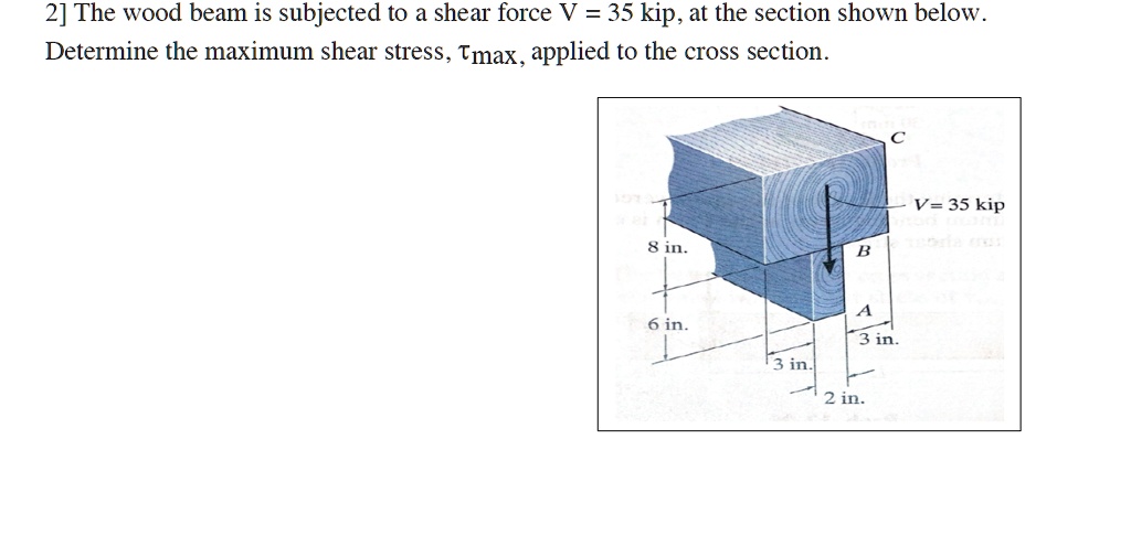 SOLVED: 2]The wood beam is subjected to a shear force V = 35 kip, at ...