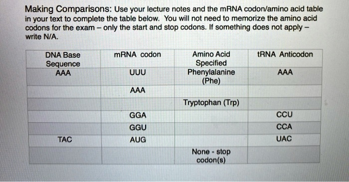 SOLVED: Making Comparisons: Use your lecture notes and the mRNA codon ...