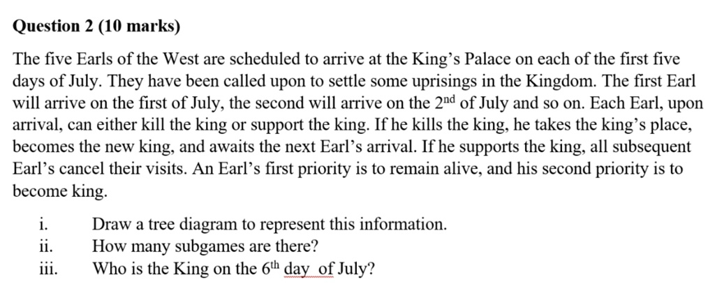 Question 2 (10 marks) The five Earls of the West are scheduled to ...