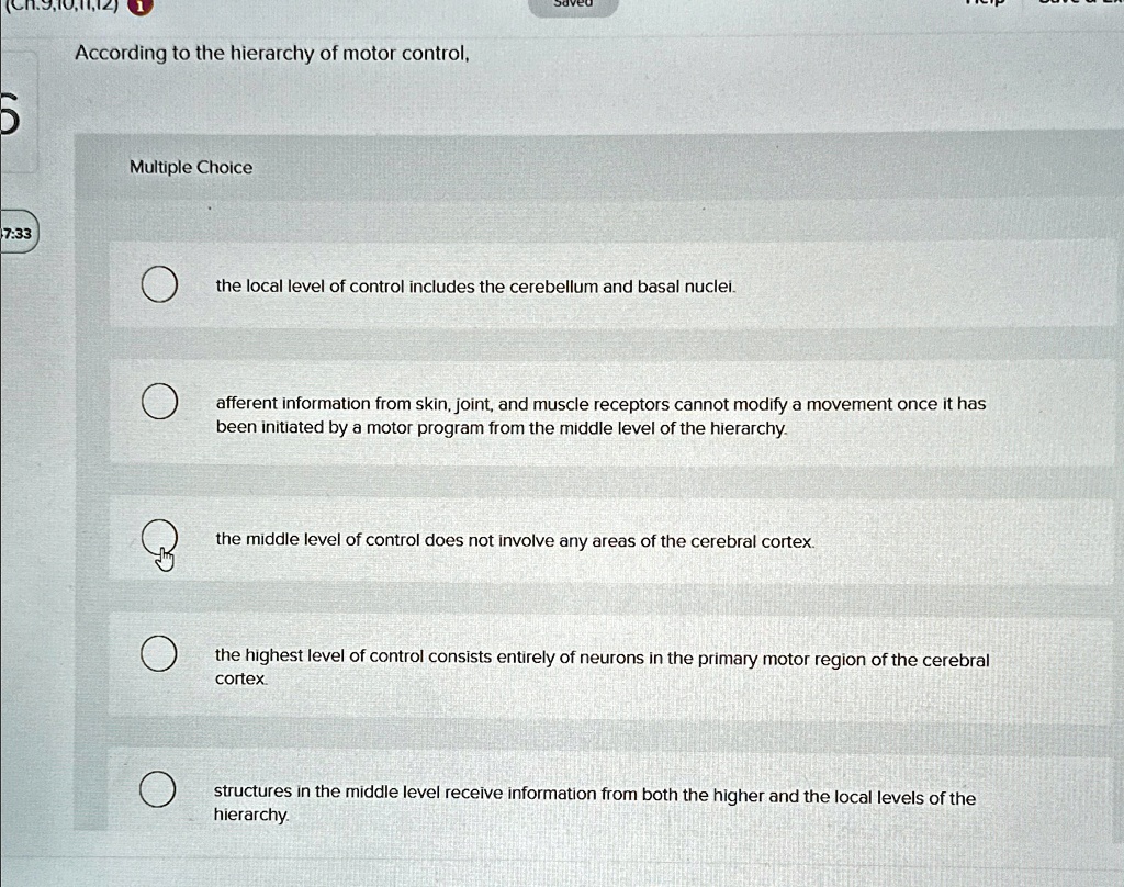 According to the hierarchy of motor control, Multiple Choice the local level of control includes ...