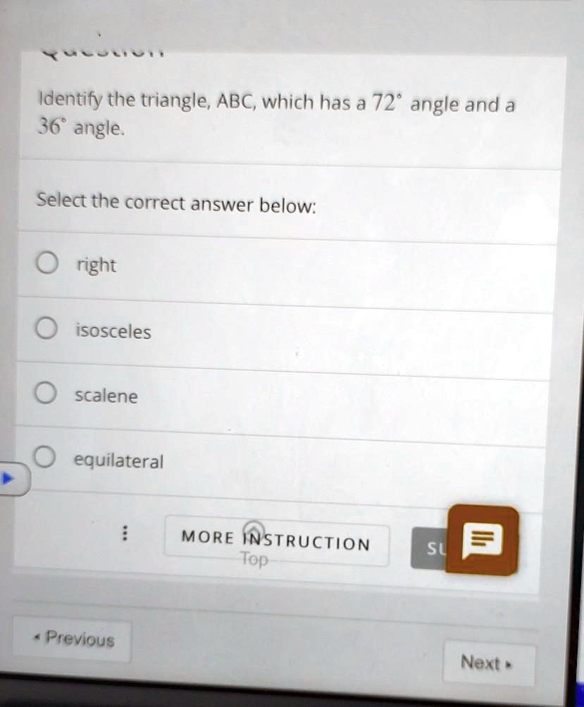 identify the triangle abc which has a 72 angle and a 36 angle select the correct answer below ...