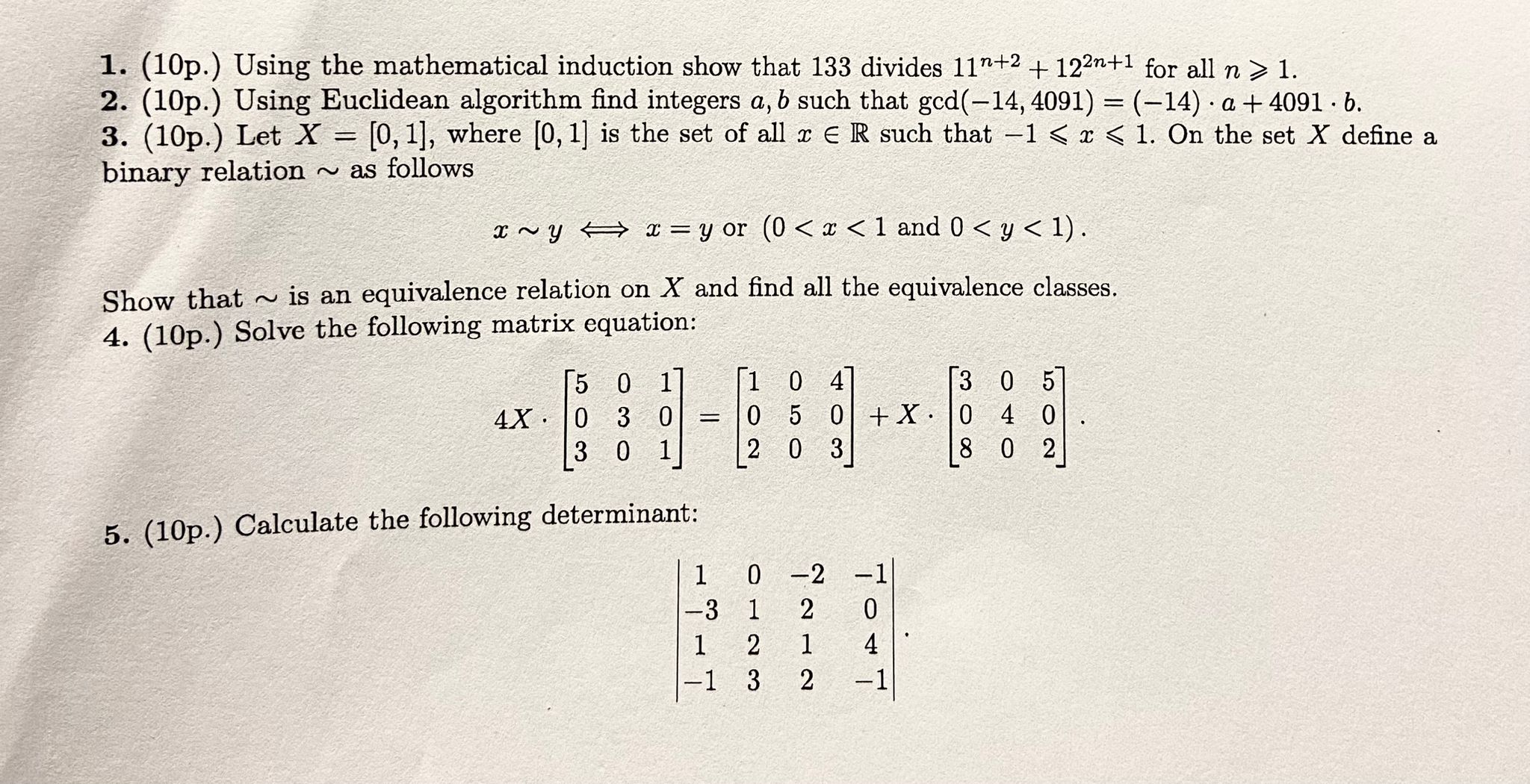 SOLVED: 1. (10p.) Using the mathematical induction show that 133 divides 11^n+2+12^2 n+1 for all ...