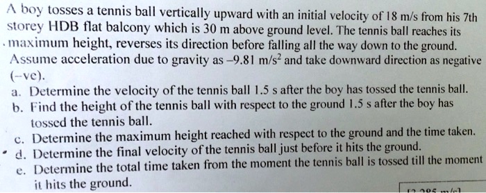 A boy tosses a tennis ball vertically upward with an initial velocity ...