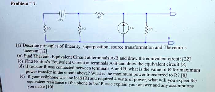 Problem # 1: 18V 6? 3? 4? 4A 3? A B (a) Describe principles of linearity, superposition, source ...