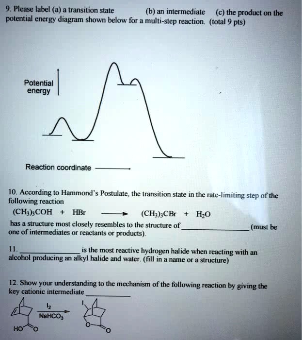 9. Please label (a) a transition state (b) an intermediate (c) the product on the potential ...