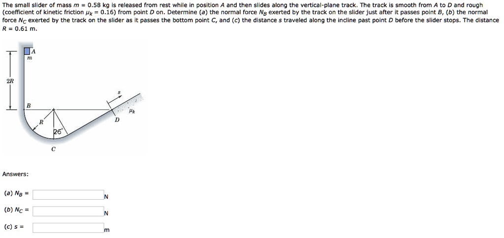 SOLVED: The small slider of mass m = 0.58 kg is released from rest while in position A and then ...