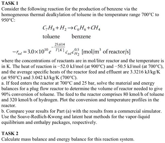 TASK 1 Consider the following reaction for the production of benzene ...