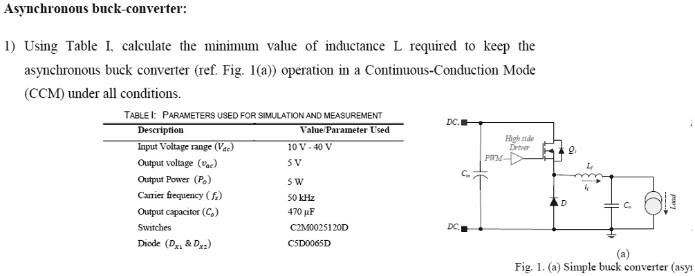 Asynchronous buck-converter: 1) Using Table I, calculate the minimum value of inductance L ...