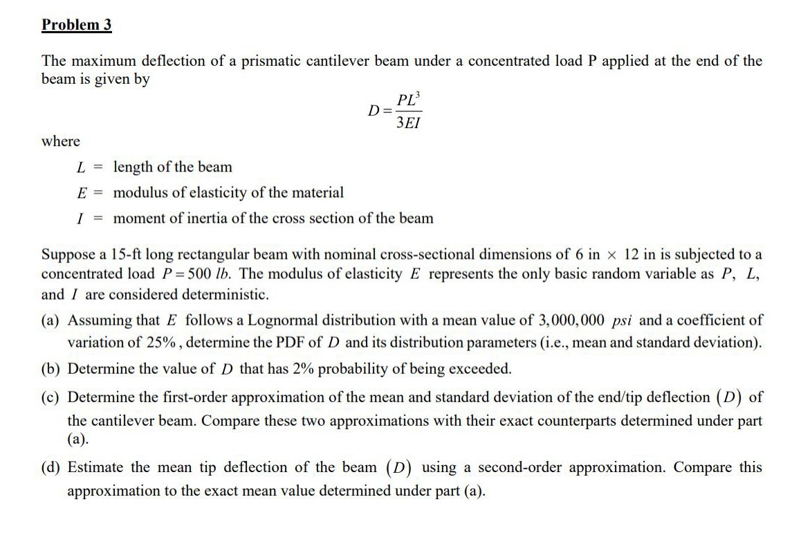 SOLVED: Problem 3 The maximum deflection of a prismatic cantilever beam under a concentrated ...