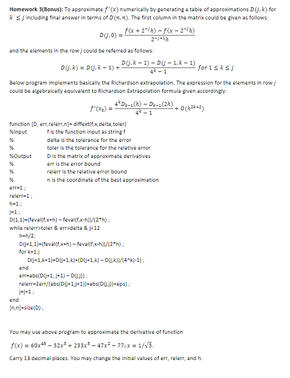 Solved Homework 3 Bonus To Approximate F X Numerically By