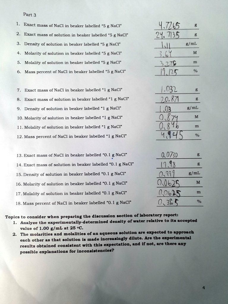 part 3 exact mass of nacl in beaker labelled 5 g nacl 4745 21 7185 gml ...